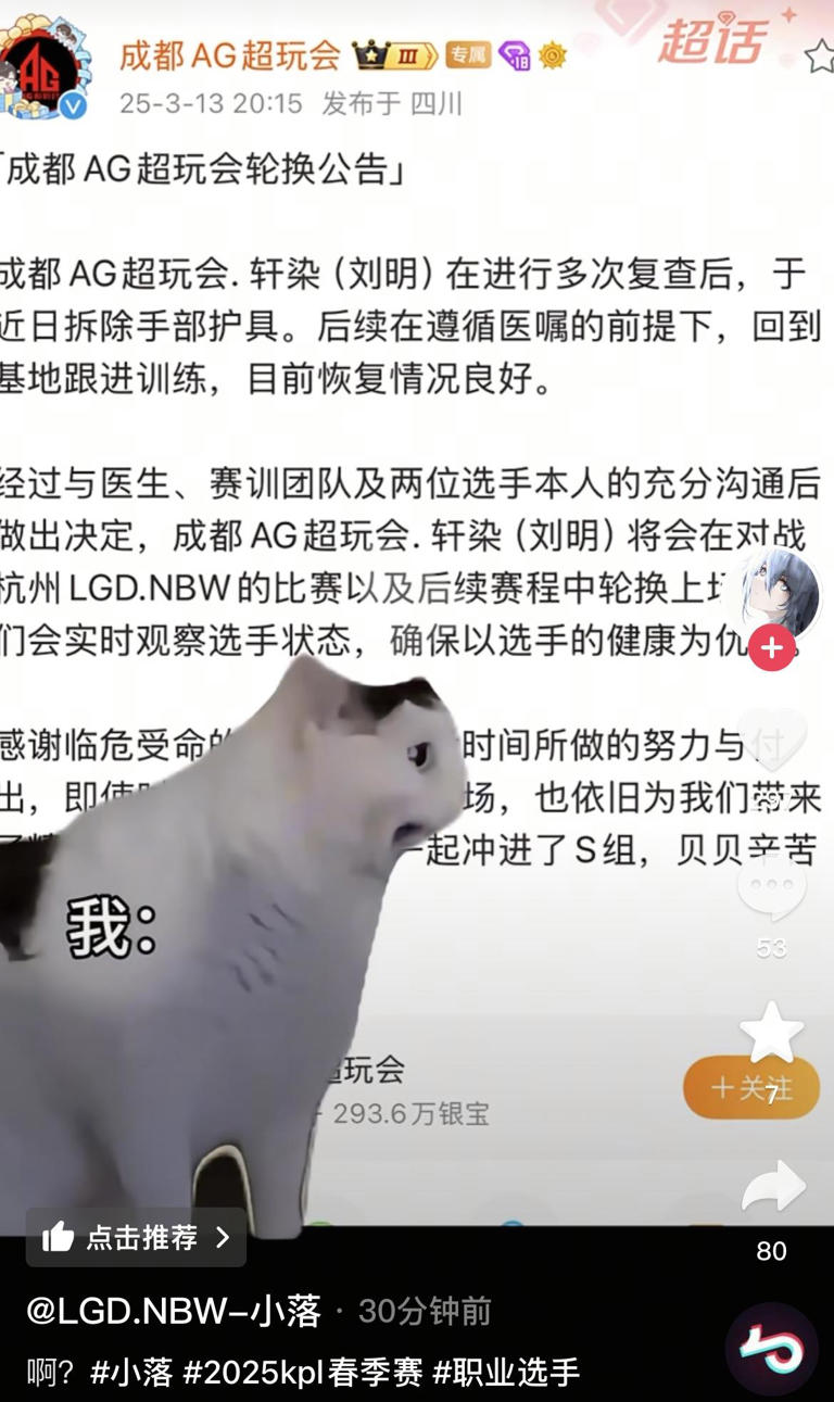 AG官宣对阵LGD轩染回归，小落发表情包表示诧异：啊？