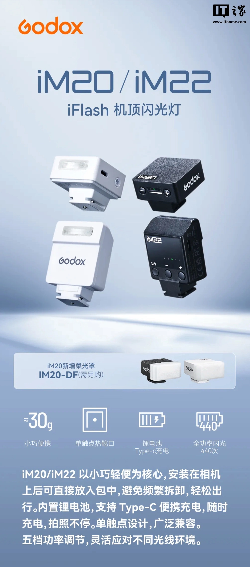 神牛 iM20 / iM22 系列相机闪光灯新增白色版本，168 元
