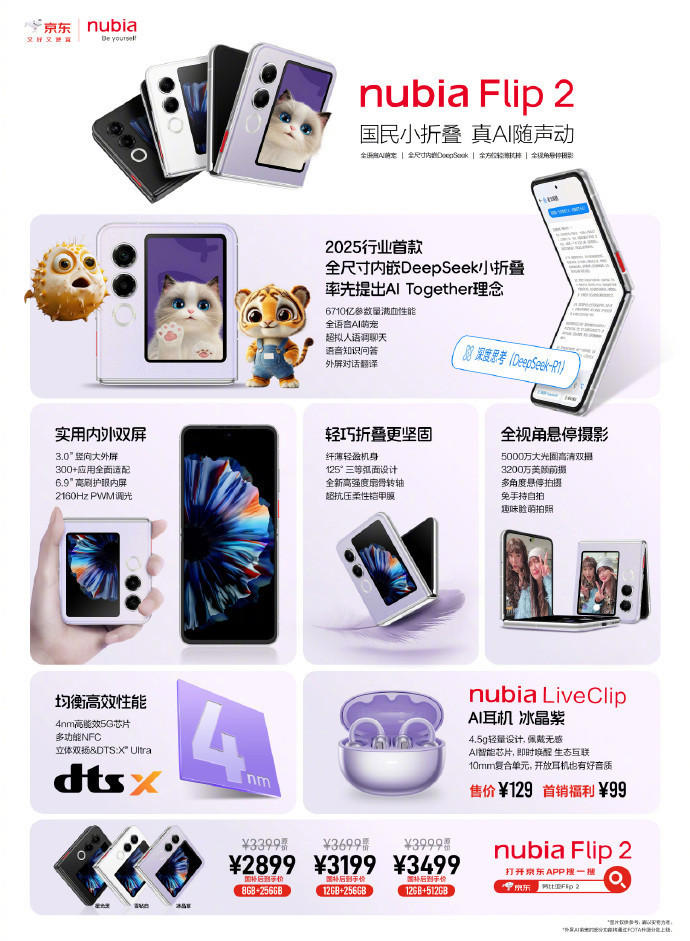 努比亚Flip 2小折叠发布 全尺寸内嵌DeepSeek 2899元起