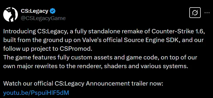 《CS 1.6》完全独立重制作《CS: Legacy》2025年上线