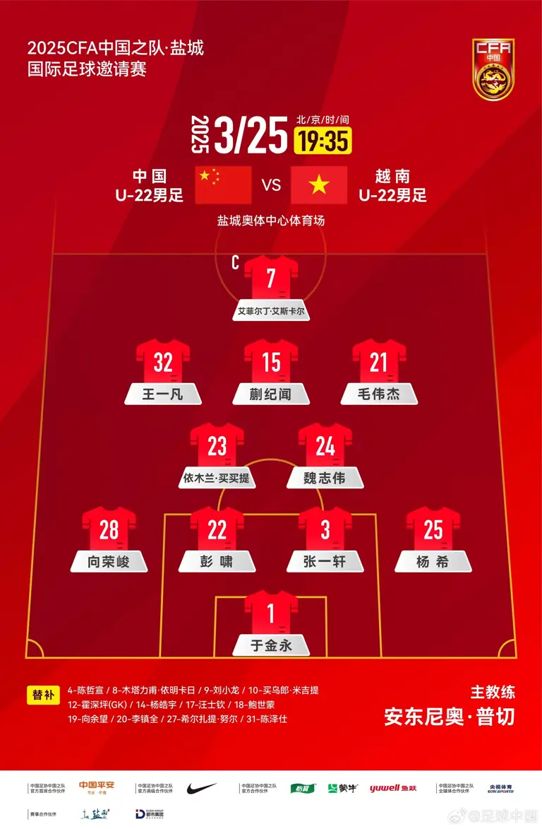 6名U20小将先发！U22国足vs越南首发：蒯纪闻、依木兰毛伟杰先发