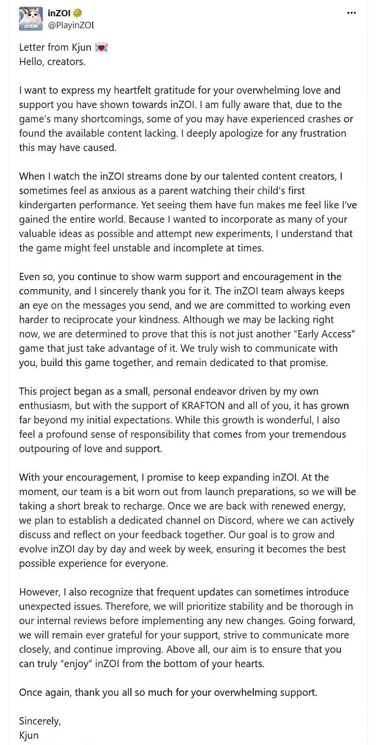 《inZOI》总监 kjun 向粉丝公开致歉！