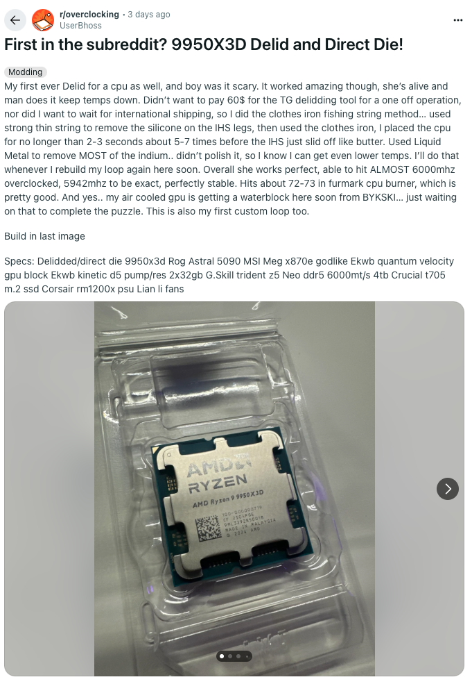 玩家将 AMD R9 9950X3D 处理器开顶盖，超频到近 6GHz