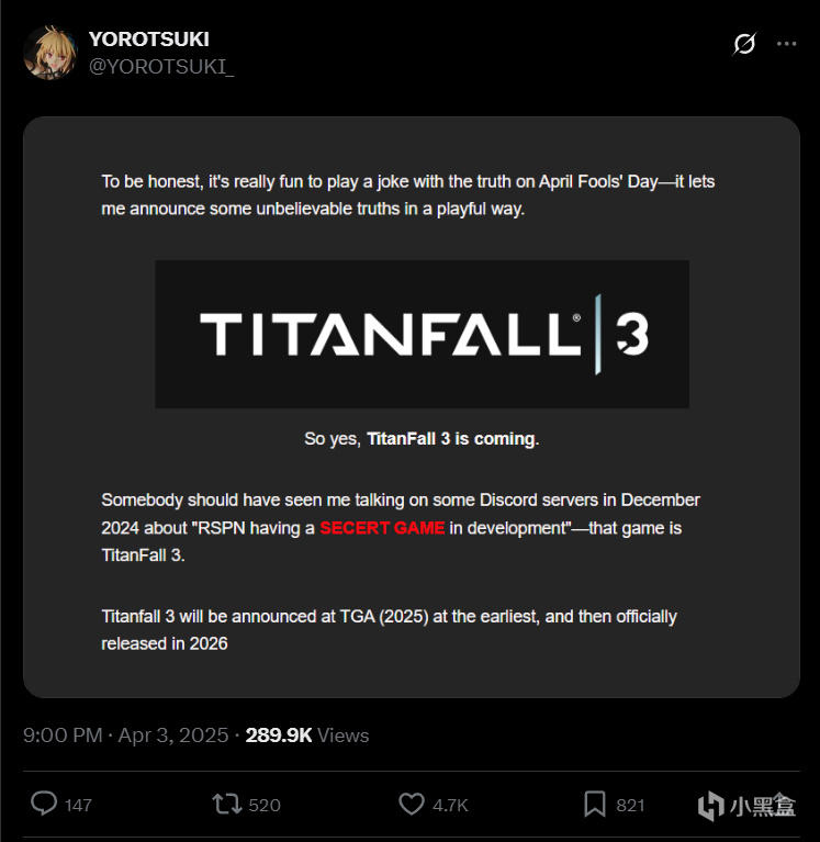 舅舅党爆料：泰坦陨落3制作即将完成，2025TGA官宣