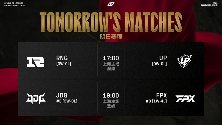 2025LPL第二赛段组内赛W3D1虎扑墙：RNG vs UP、JDG vs FPX