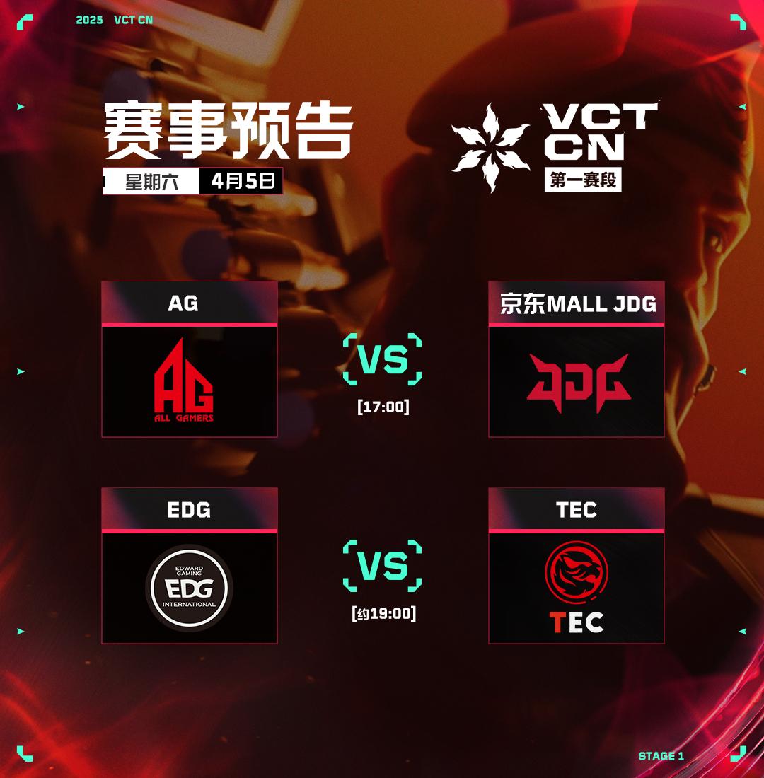 VCT CN联赛常规赛今日预告：AG vs JDG；EDG vs TEC