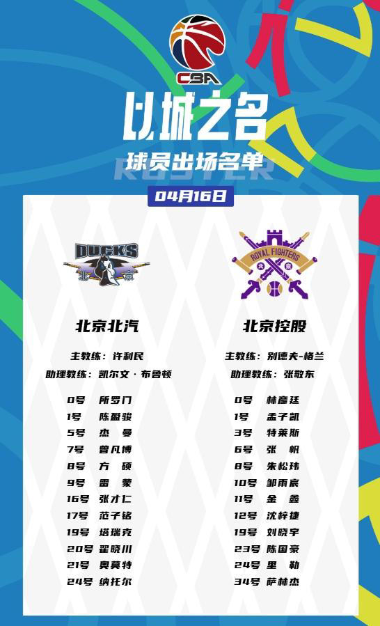 CBA官方发布北京vs北控G2名单：周琦未进入名单，廖三宁缺阵