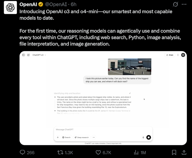 首次实现图像思考 OpenAI重磅发布o3/o4-mini：史上最强、最智能模型