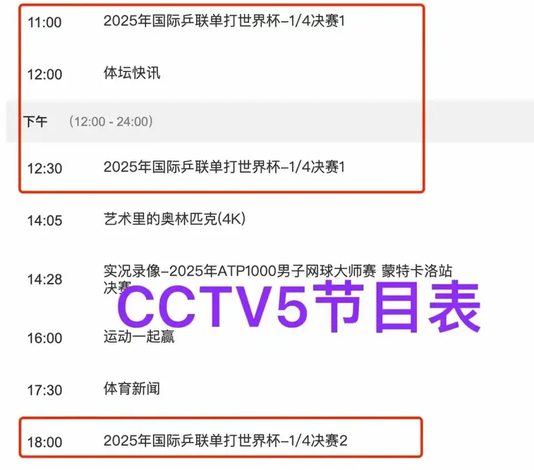 今晚中央5台乒乓球直播时间表:CCTV5、CCTV5+节目单 附1/4决赛赛程