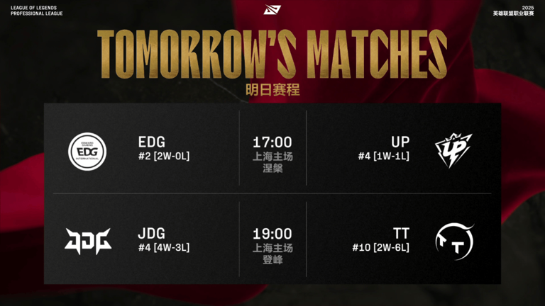2025LPL第二赛段组内赛W4D6虎扑墙：EDG vs UP、JDG vs TT