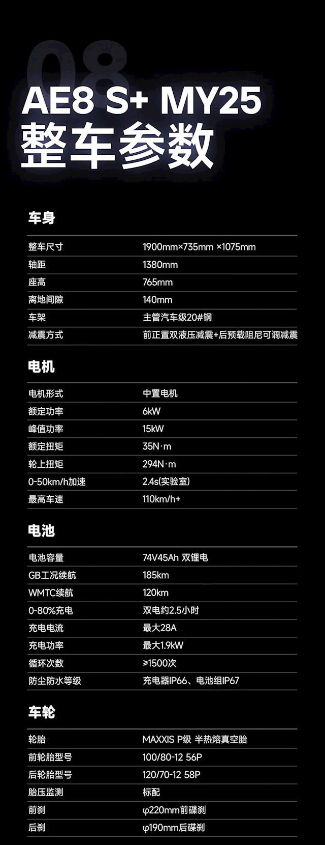 极速110km/h 极核AE8 S+MY25电动摩托车首发：23180元