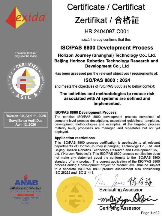 地平线 AI 安全流程体系拿下全球首份 ISO / PAS 8800 认证证书