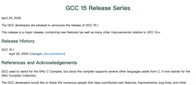 GCC 15.1采用C23为默认标准，同步纳入Rust与COBOL支持