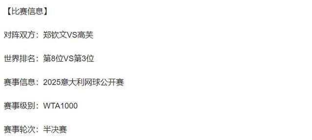 2025年WTA1000罗马站郑钦文下一轮比赛时间是什么时候？对手是谁