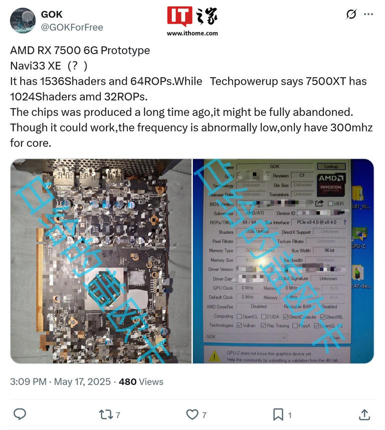 一 "Navi 33" GPU 原型 AMD 显卡现身：1536SP (24CU) + 6GB 显存