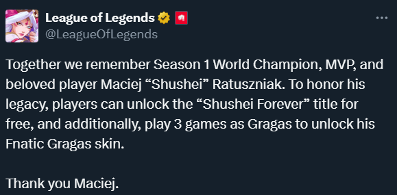 拳头宣布将纪念S1冠军Shushei：玩家可免费领FNC酒桶皮肤