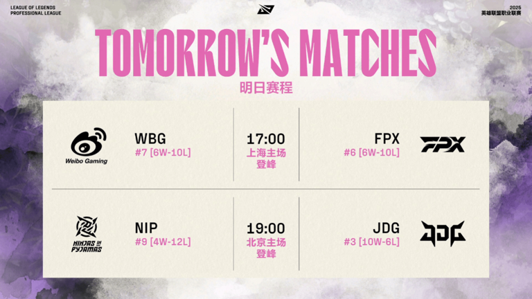 2025LPL第二赛段组内赛W8D1虎扑墙：WBG vs FPX、NIP vs JDG