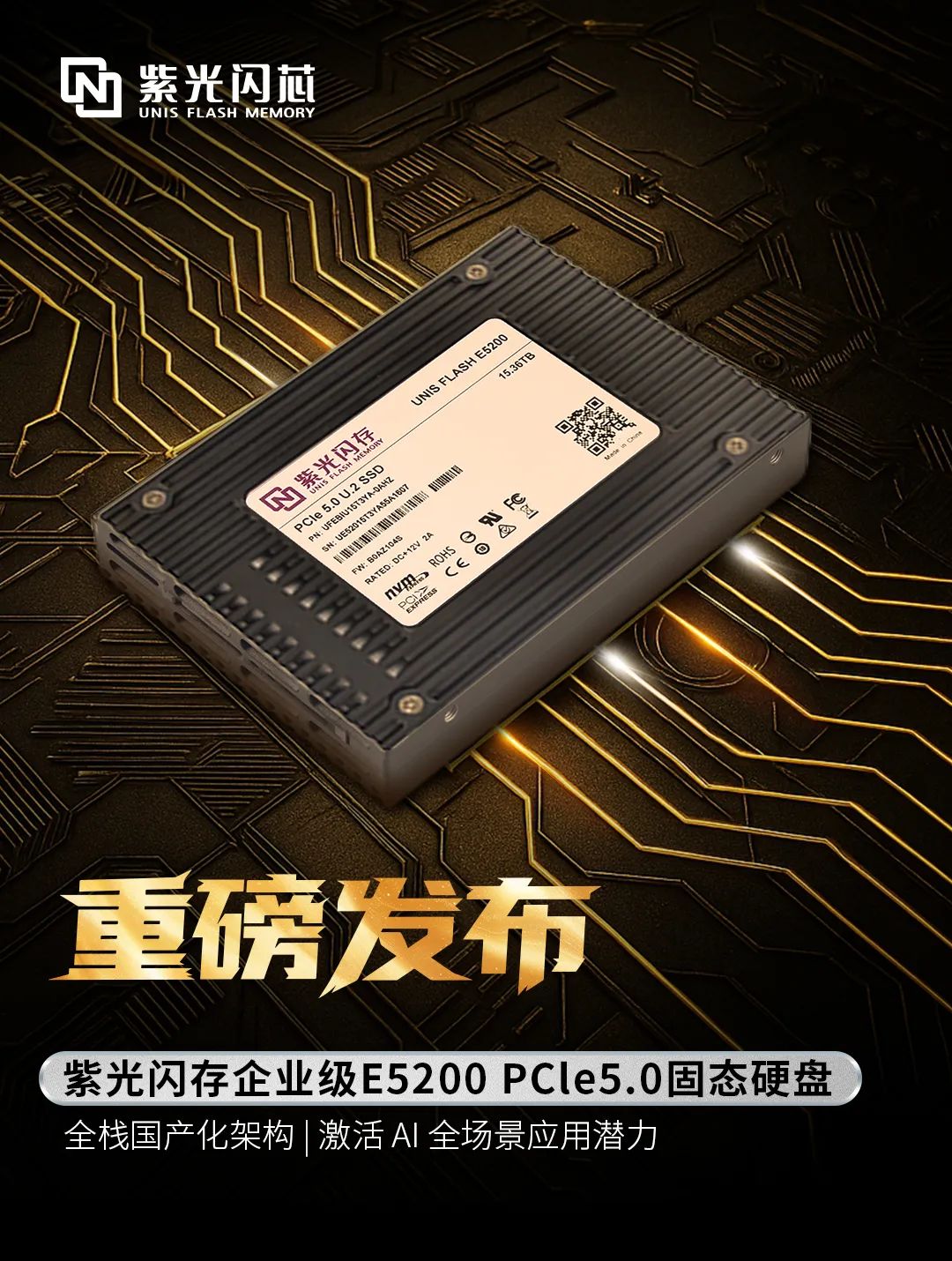 紫光闪芯推出全栈国产化企业级 PCIe 5.0 固态硬盘紫光闪存 E5200