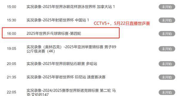 中央5台直播乒乓时间表：5月22日CCTV5直播节目表，CCTV5+节目单
