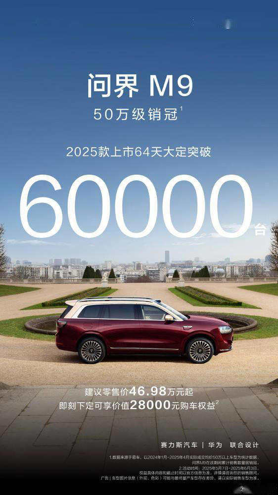 问界M9 2025款热销：64天大定超6万台，成50万级SUV销冠
