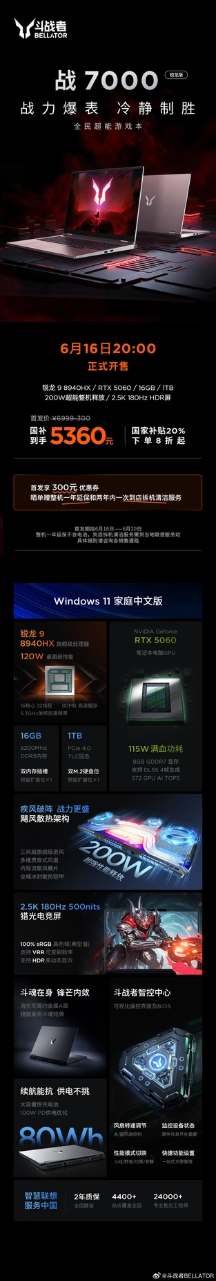 干翻鸡革！联想斗战者战 7000游戏本：R9+5060，国补5359
