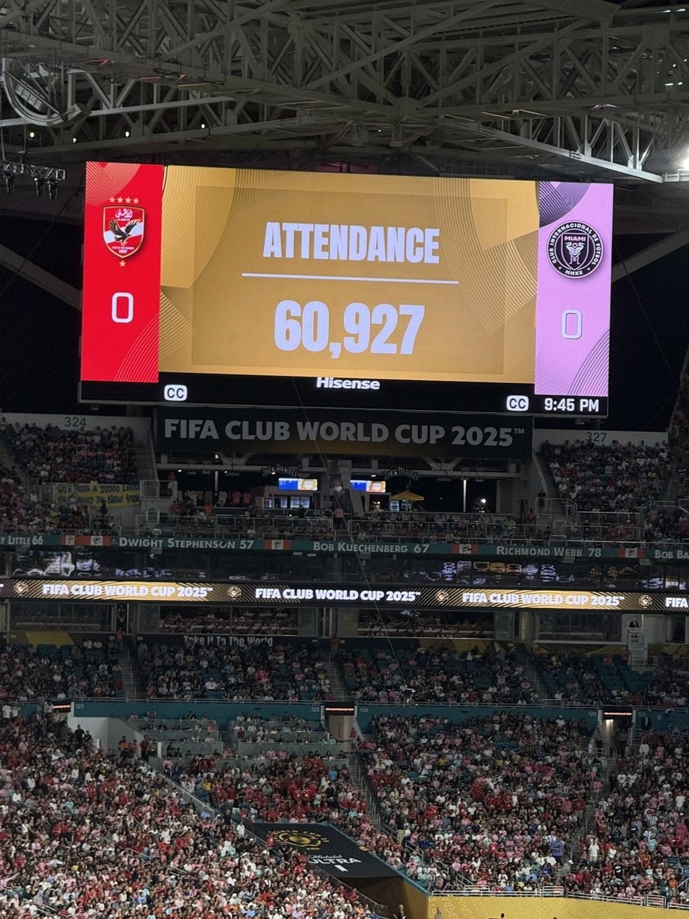 破6万，世俱杯揭幕战迈阿密国际vs开罗国民现场观众为60927人