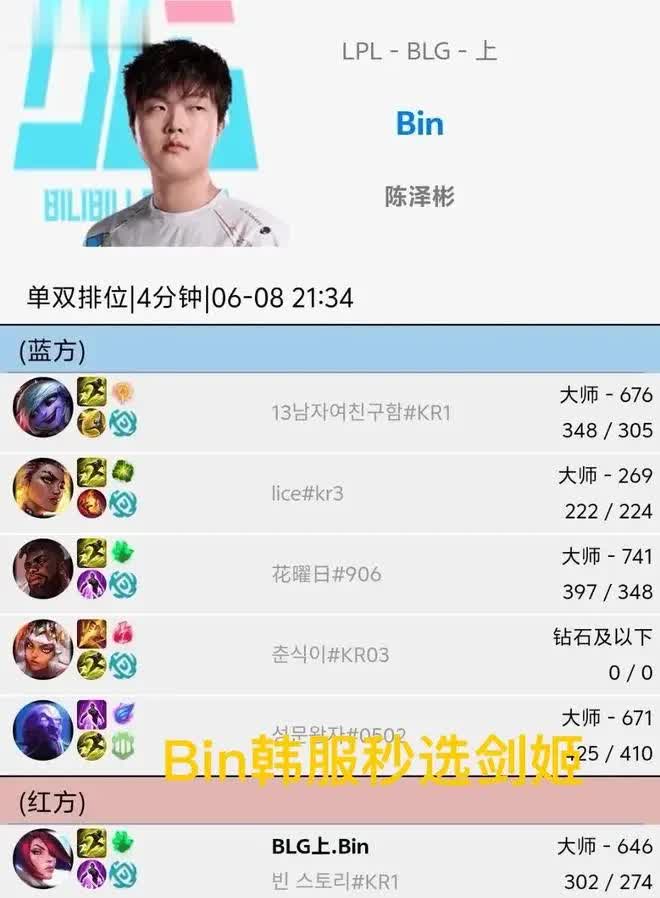 Bin韩服秒选剑姬打奎桑提，轻松MVP，369遭公开调侃