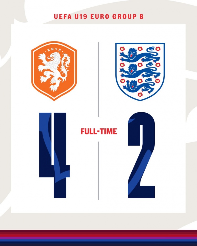 U19欧青赛英格兰2-4负于荷兰，两平一负小组第三出局