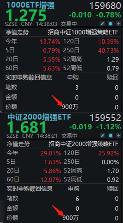 逆势加仓！招商旗下1000ETF增强(159680)、中证2000增强ETF(159552)盘中双双获增持