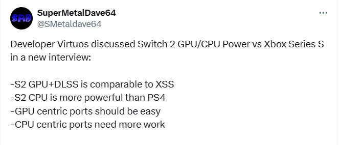 维塔士：任何60帧XSS游戏都能轻松移植到Switch 2