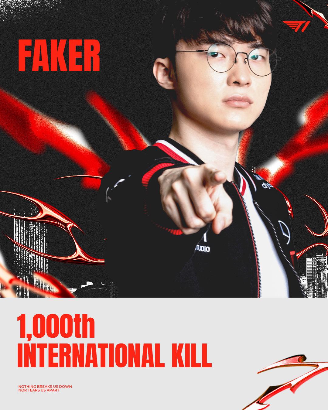 T1官方：恭喜Faker成为历史首位达成国际赛事1000击杀的选手