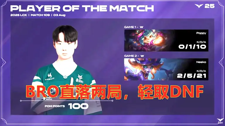 LCK第三阶段：BRO直落两局，轻取DNF