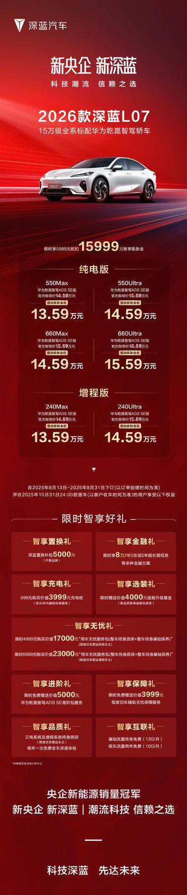 2026款深蓝L07上市 全系标配华为乾崑智驾，权益价售13.59万起
