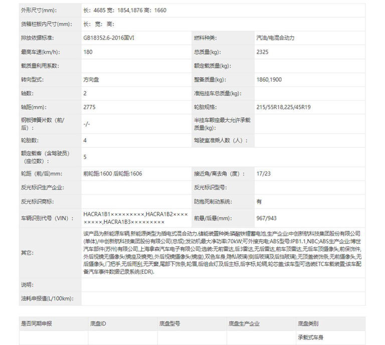 广汽埃安全新SUV申报，定名为埃安i60，车长4685mm，两种动力