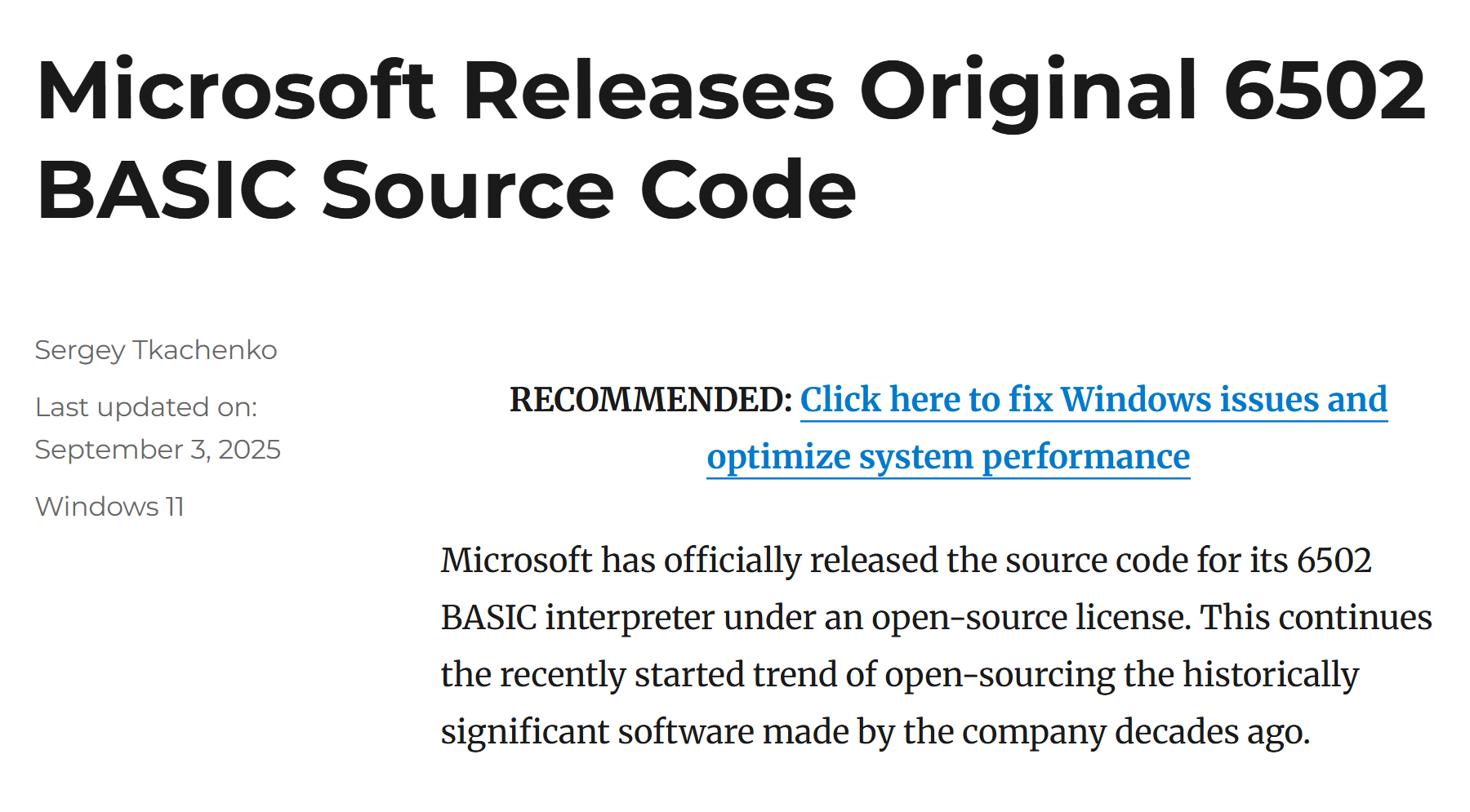 微软开源1976年比尔·盖茨参与开发的6502 BASIC解释器源代码