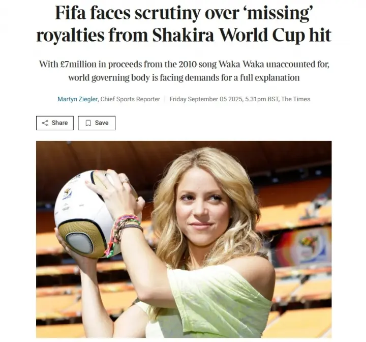 700万镑去向不明！英媒：FIFA被要求解释《Waka Waka》的版税用途