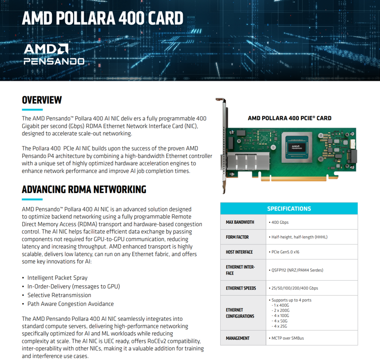 AMD 发布首款 UEC 兼容 AI NIC 网卡 Pensando Pollara 400
