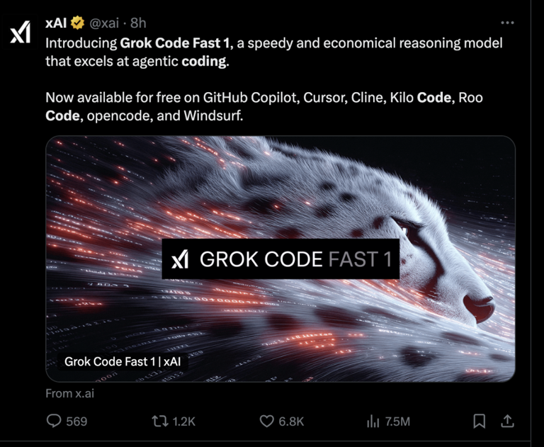 xAI发布Grok Code Fast 1，性价比超Claude，成开发者新宠