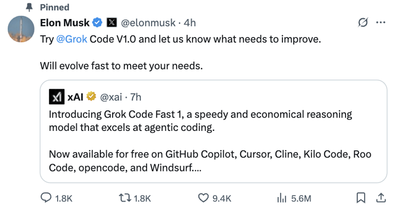 马斯克新编程模型Grok Code Fast 1上线，挑战GPT-5速度极限！