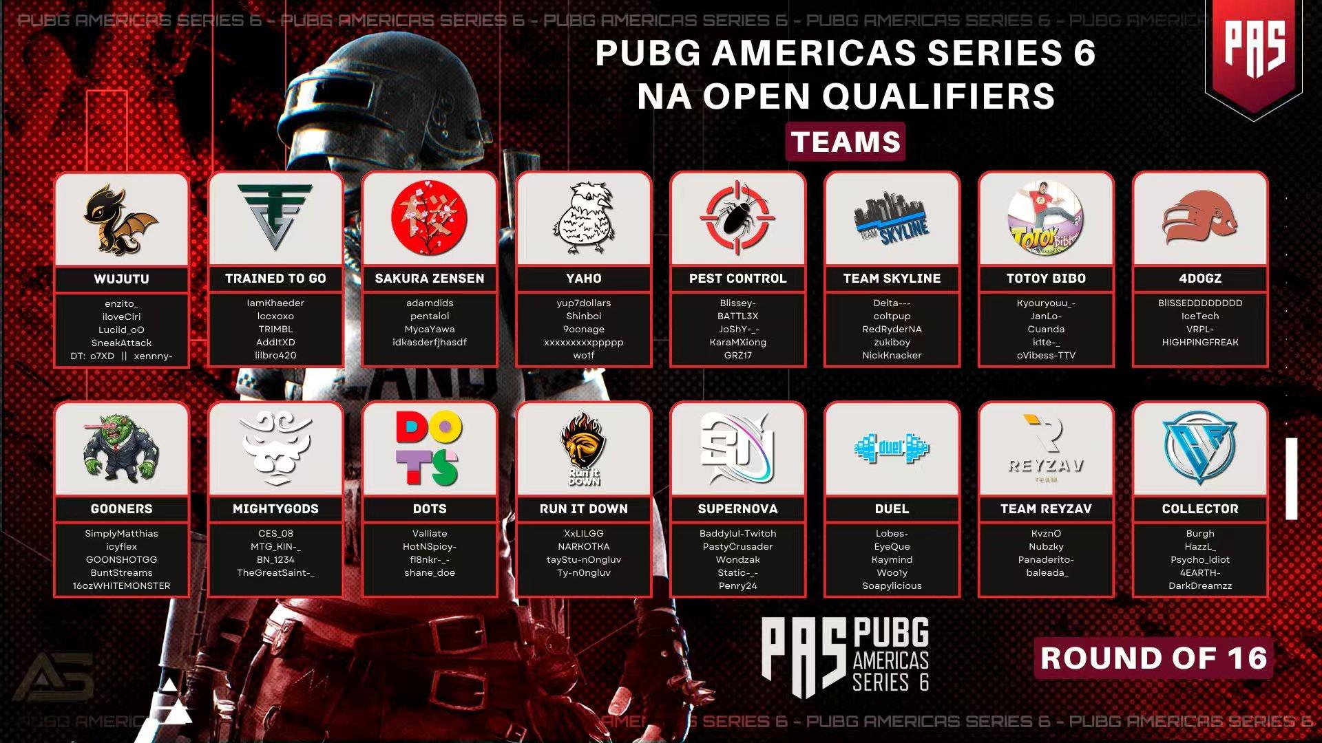 PUBG电竞欧美社媒更新：PAS6北美海选16强队伍阵容