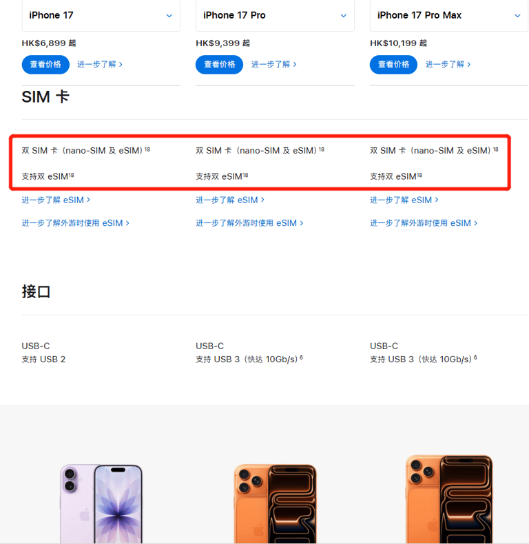 港版iPhone17系列通信升级：标准版与Pro系列双卡方案更灵活，eSIM全支持