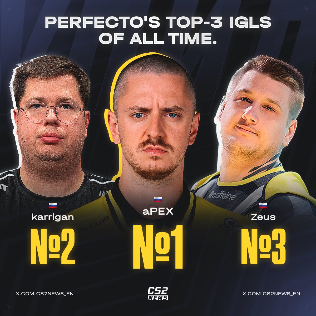 Perfecto评CS历史前三指挥：apEX、karrigan、Zeus
