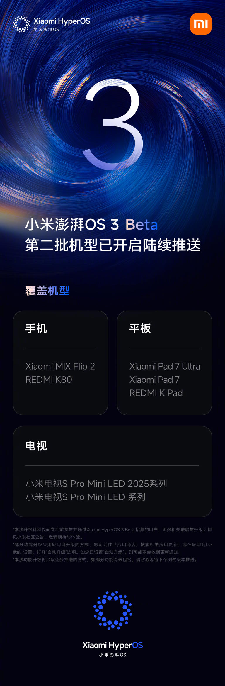 小米澎湃 OS 3 Beta 版开启新一批推送：MIX Flip2、REDMI K80 等