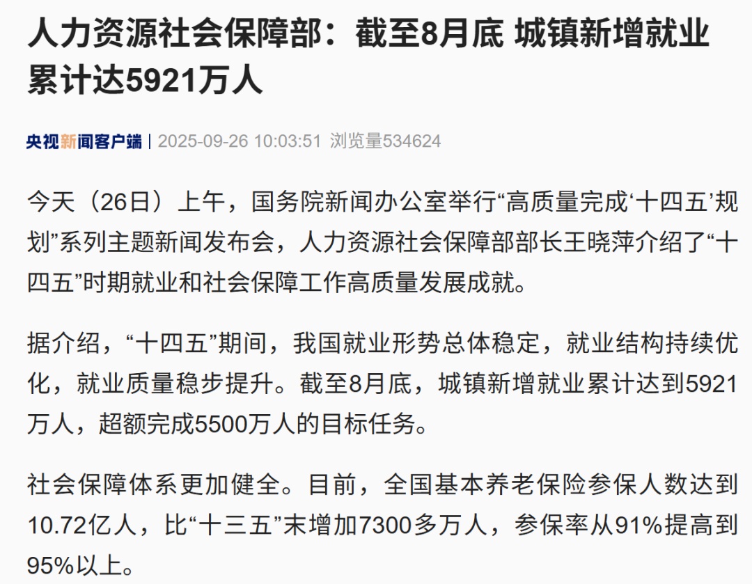 人社部：我国就业形势总体稳定，城镇新增就业累计达5921万人