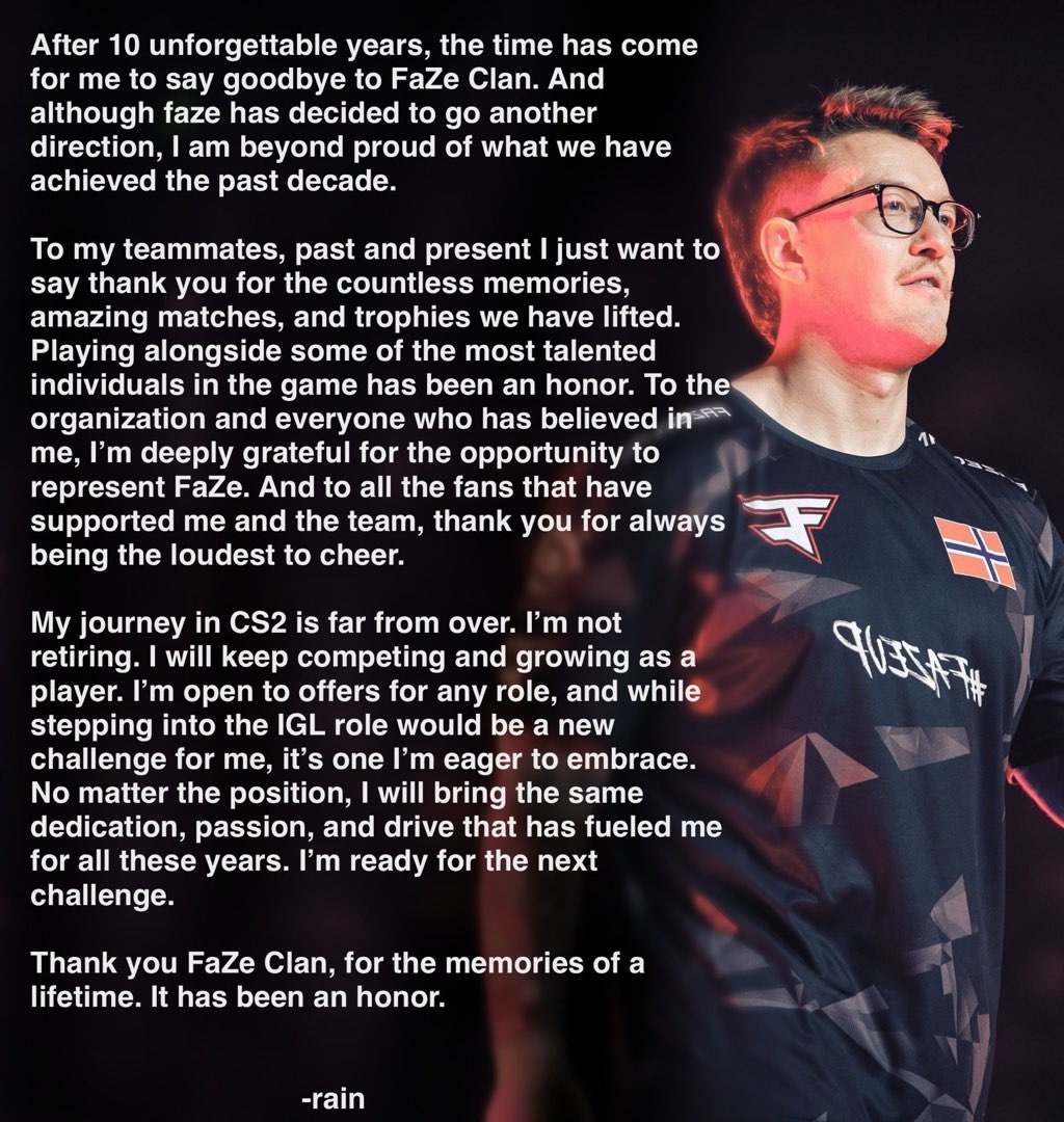 3541天坚守！FaZe官宣下放功勋老将rain