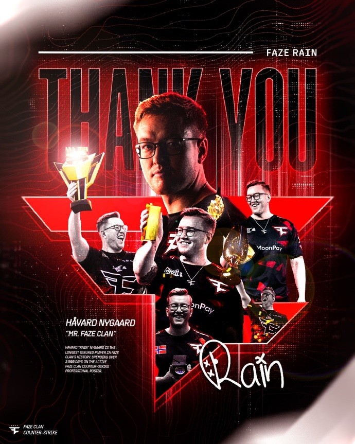 FaZe官方：rain被下放至替补席，效力时长定格在3541天