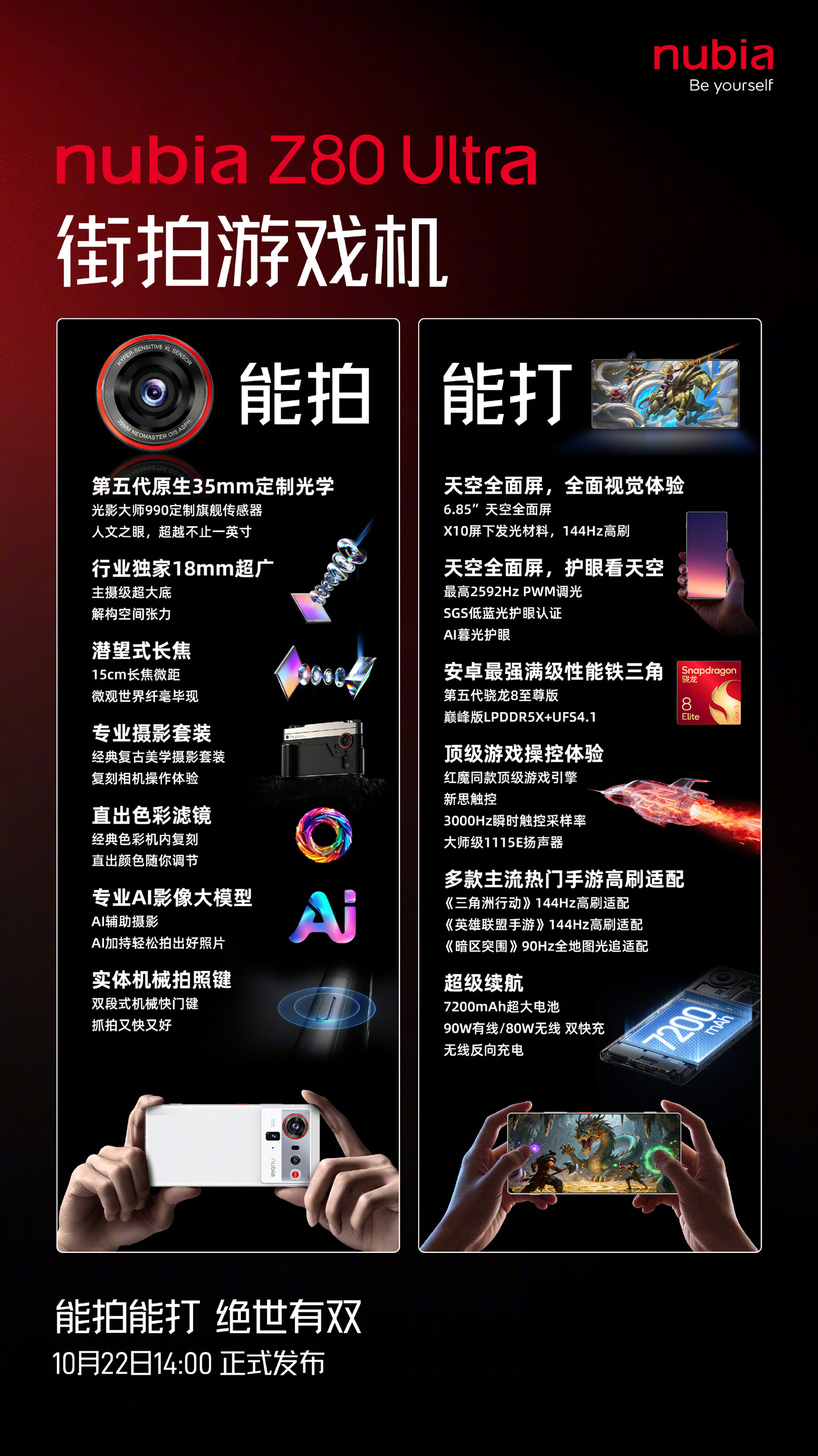 努比亚 Z80 Ultra 手机主要参数公布，10 月 22 日发布