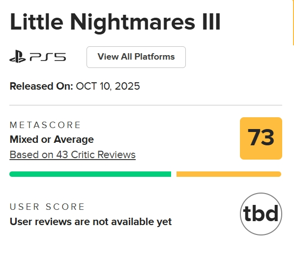 《小小梦魇3》媒体评分现已解禁：Metacritic均分73分