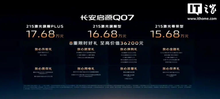 15.68 万元起、驾驶辅助升级，长安启源 Q07 天枢智能激光版上市
