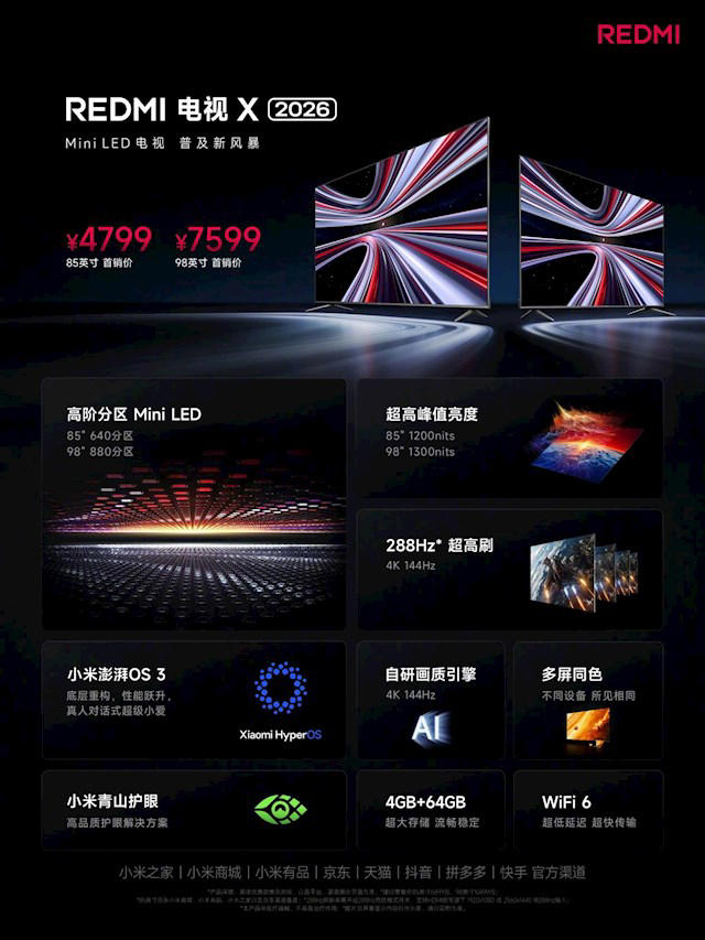 REDMI又来掀桌子！旗下首款Mini LED电视发布：REDMI电视X 2026杀到4799元